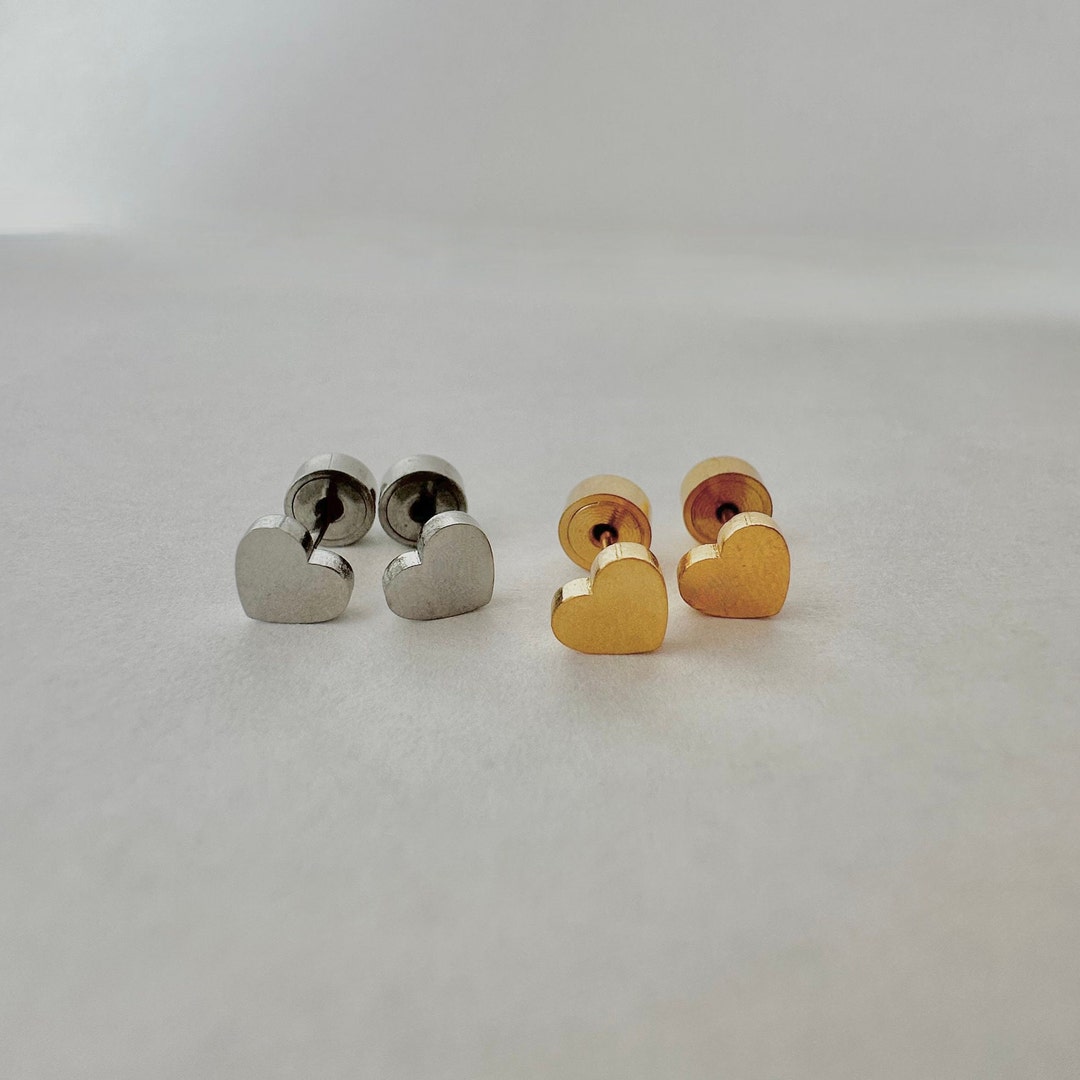 Heart Snap on Back Stud Earrings, Stainless Steel - Etsy