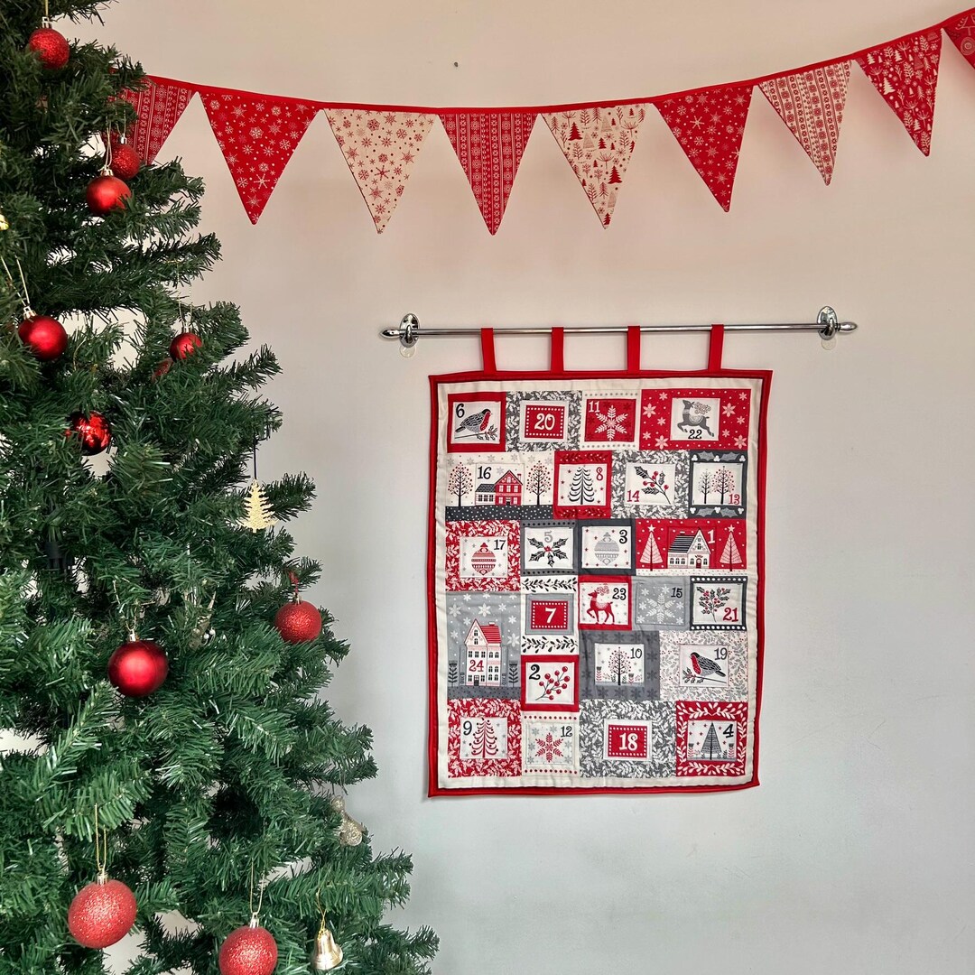 Red Grey Scandi Advent Calendar Made From Panel With 24 Pockets - Etsy