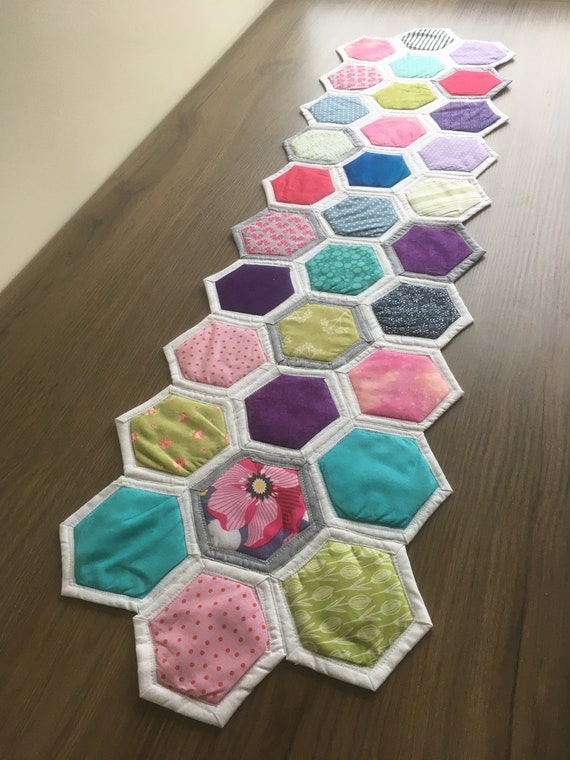 Hexagon quilted table runner multi-coloured. Made to order. | Etsy