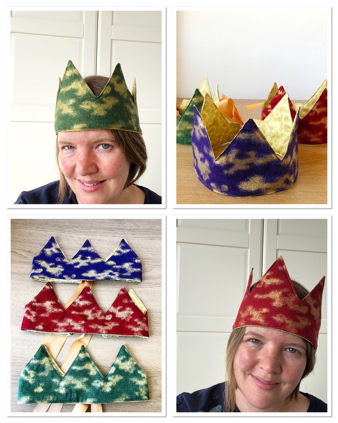 Set of 6 Christmas Fabric Party Hats Crowns, Reusable Cracker Hats ...