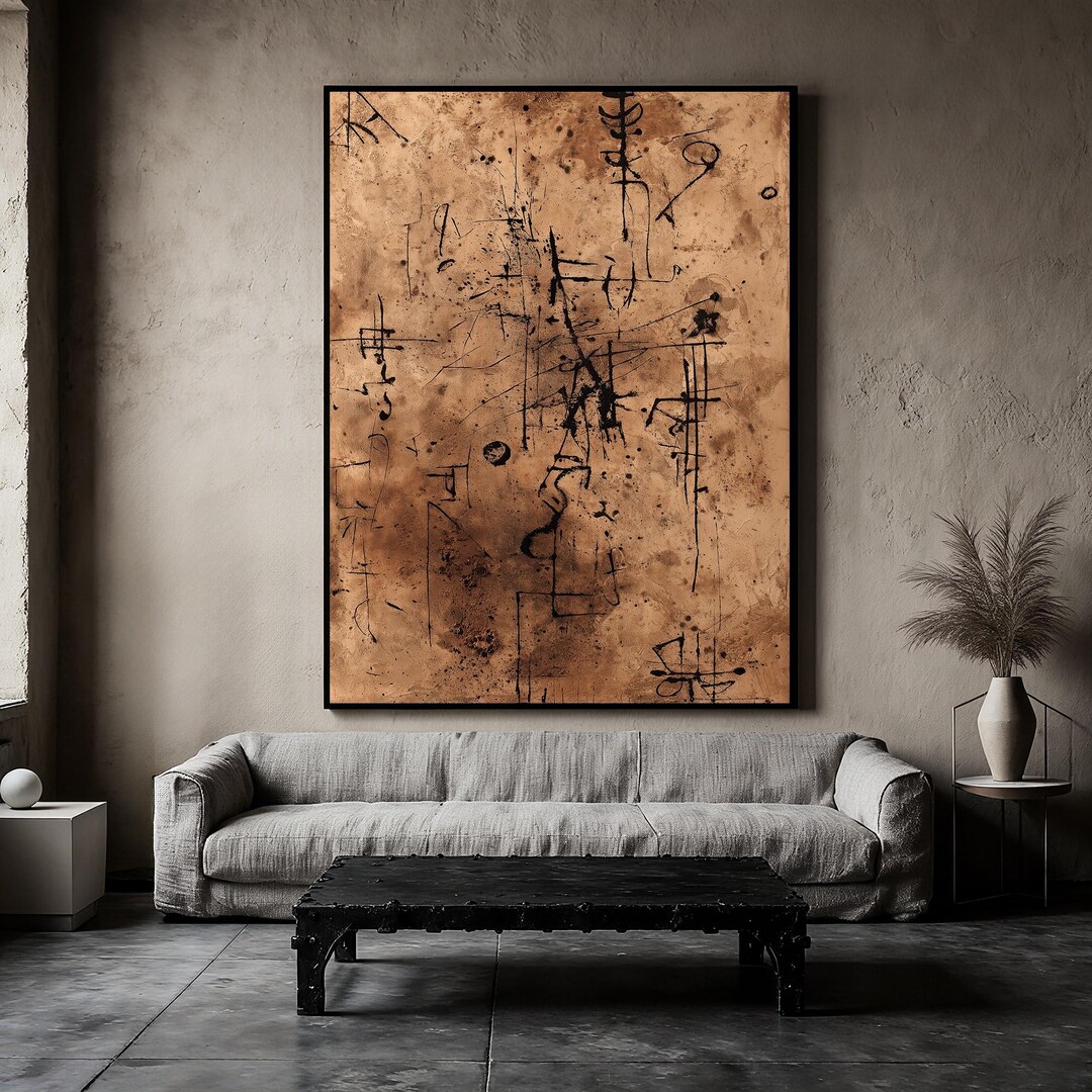 Primitive Symbol Abstract Painting, Large Textured Brown Beige Wall Art ...