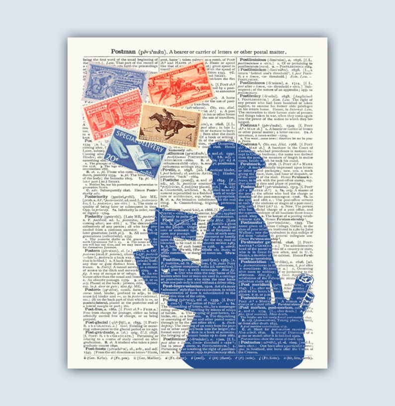 Mailman Poster, Postman Gift, Post Man, Vintage Stamps Dictionary Art ...