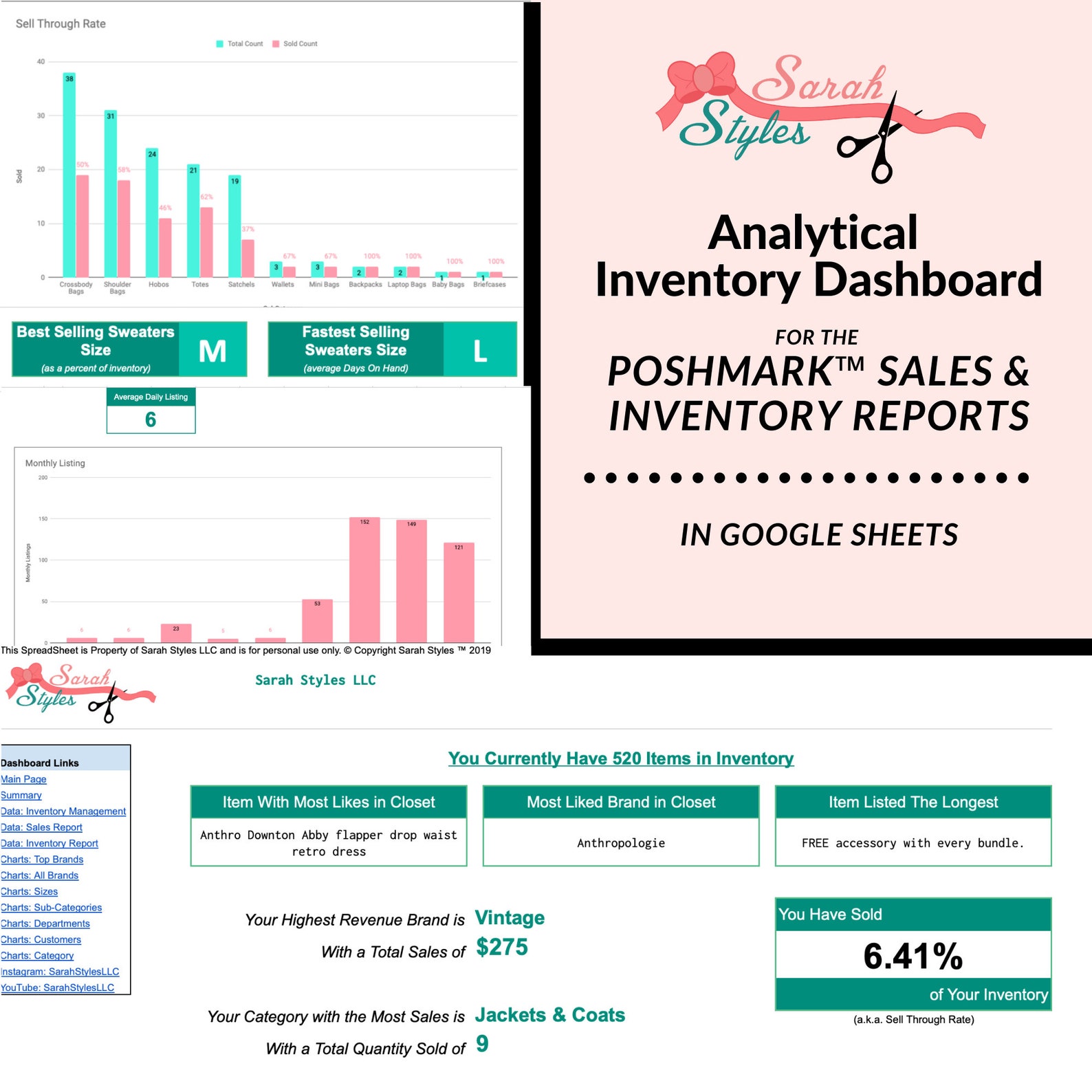 Poshmark® Sales Report Sarah Styles™ Inventory Dashboard Spreadsheet ...