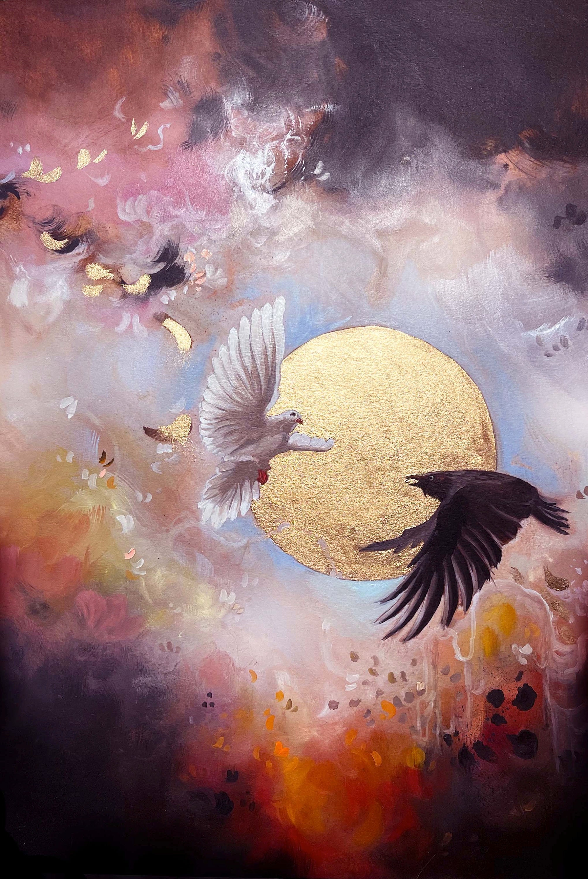 Art Print Gold Leaf Abstract Art Raven Dove Original Art | Etsy