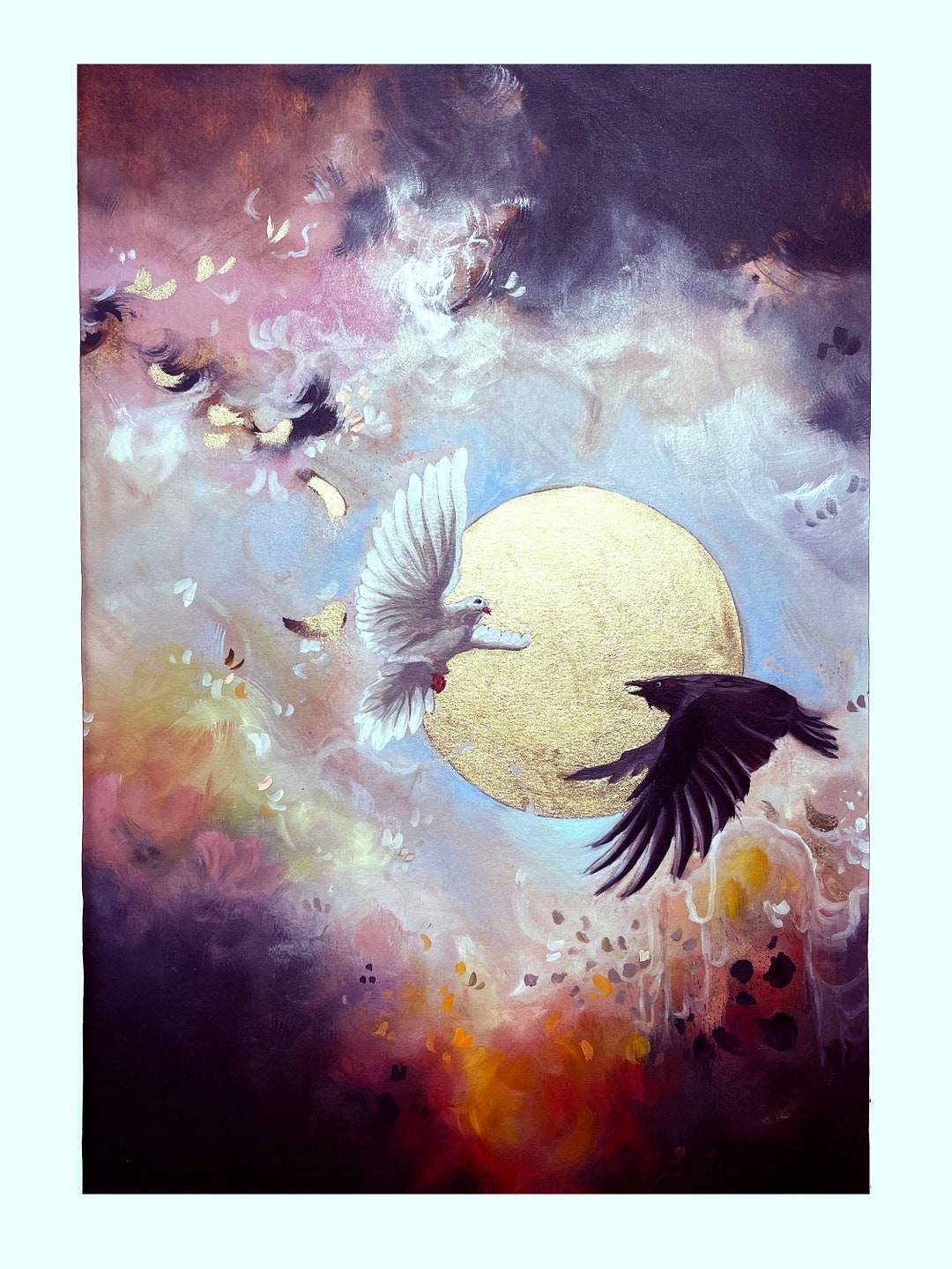 Art Print Gold Leaf Abstract Art Raven Dove Original Art - Etsy
