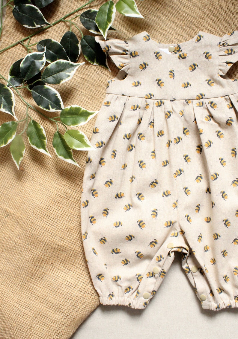 Linen Look Tiny Bumble Bee Flutter Sleeve Jumpsuit. 0-6 Years. | Etsy