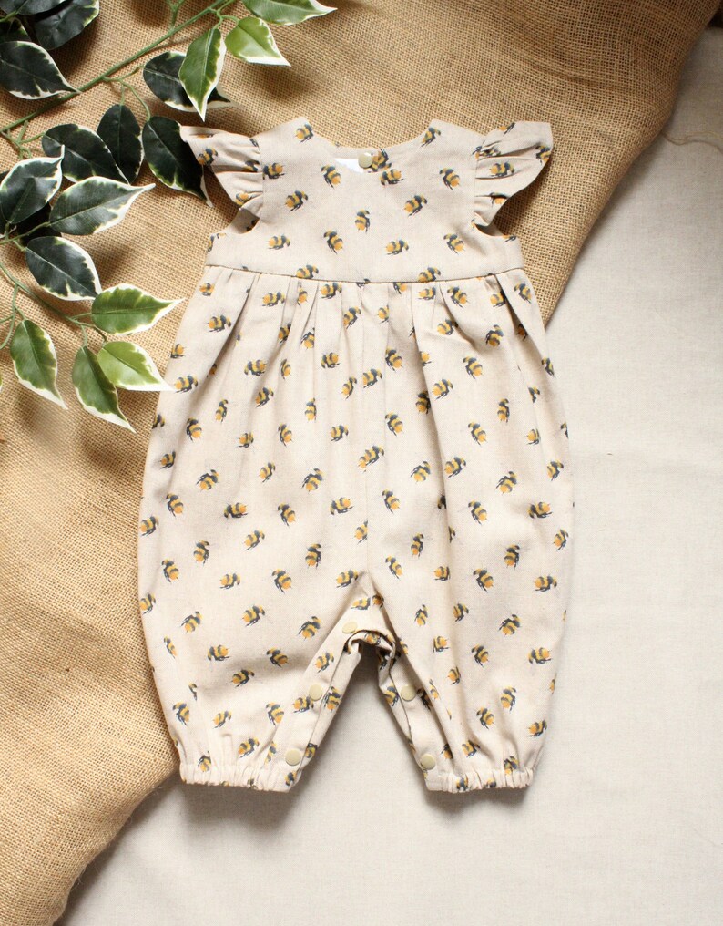 Linen Look Tiny Bumble Bee Flutter Sleeve Jumpsuit. 0-6 Years. - Etsy UK