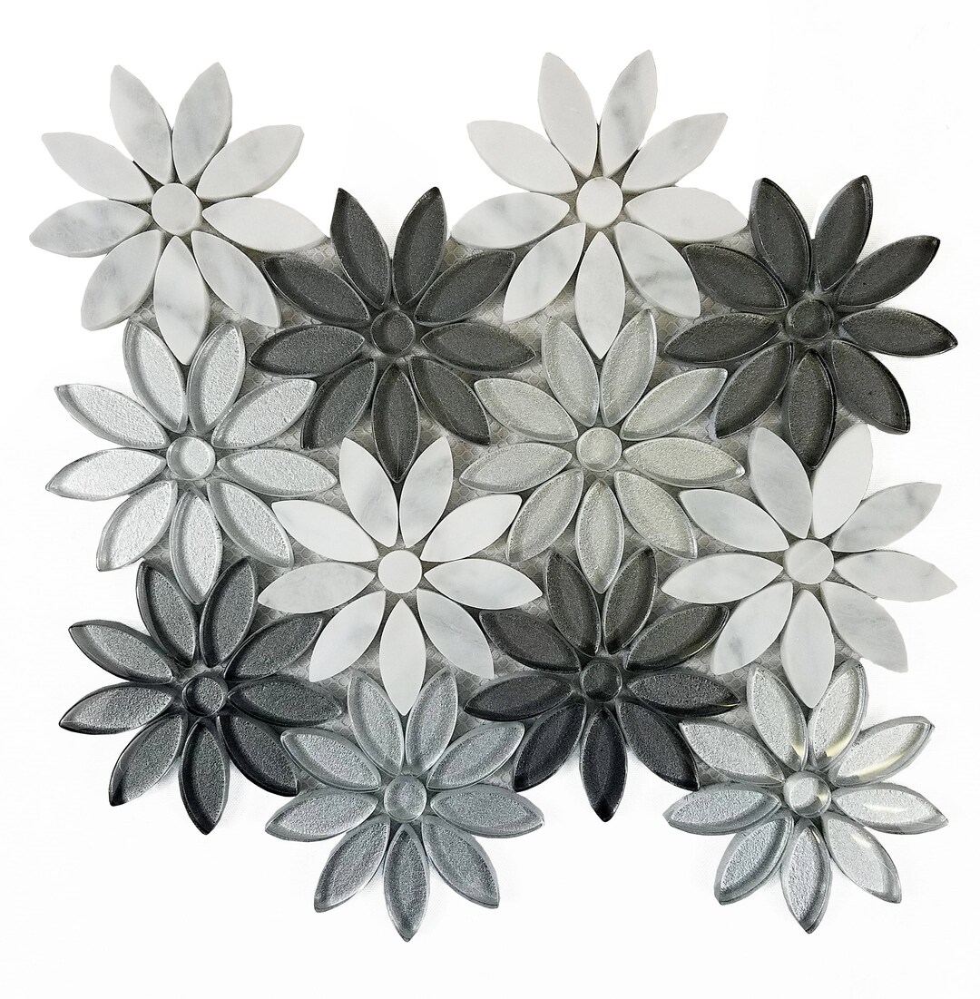 Silver Gray White Glossy Glass & Marble Flower Tile Kitchen Backsplash ...