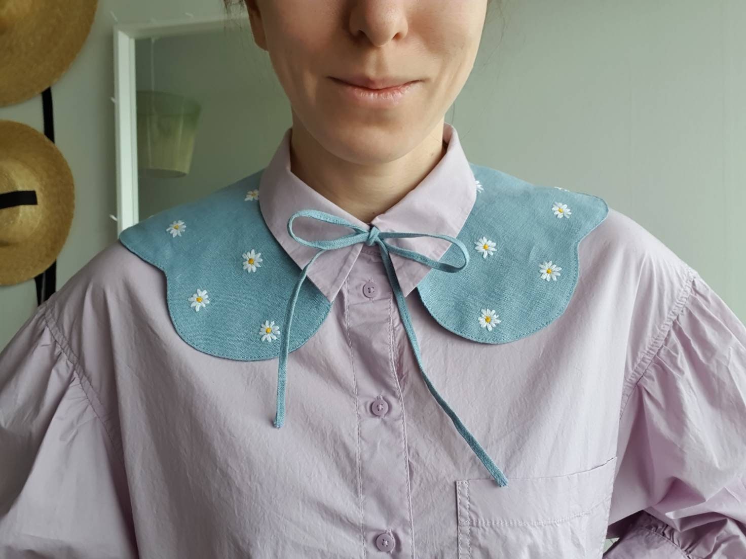 Hand Embroidered Daisy Collar, Detachable Linen Peter Pan Floral Collar ...