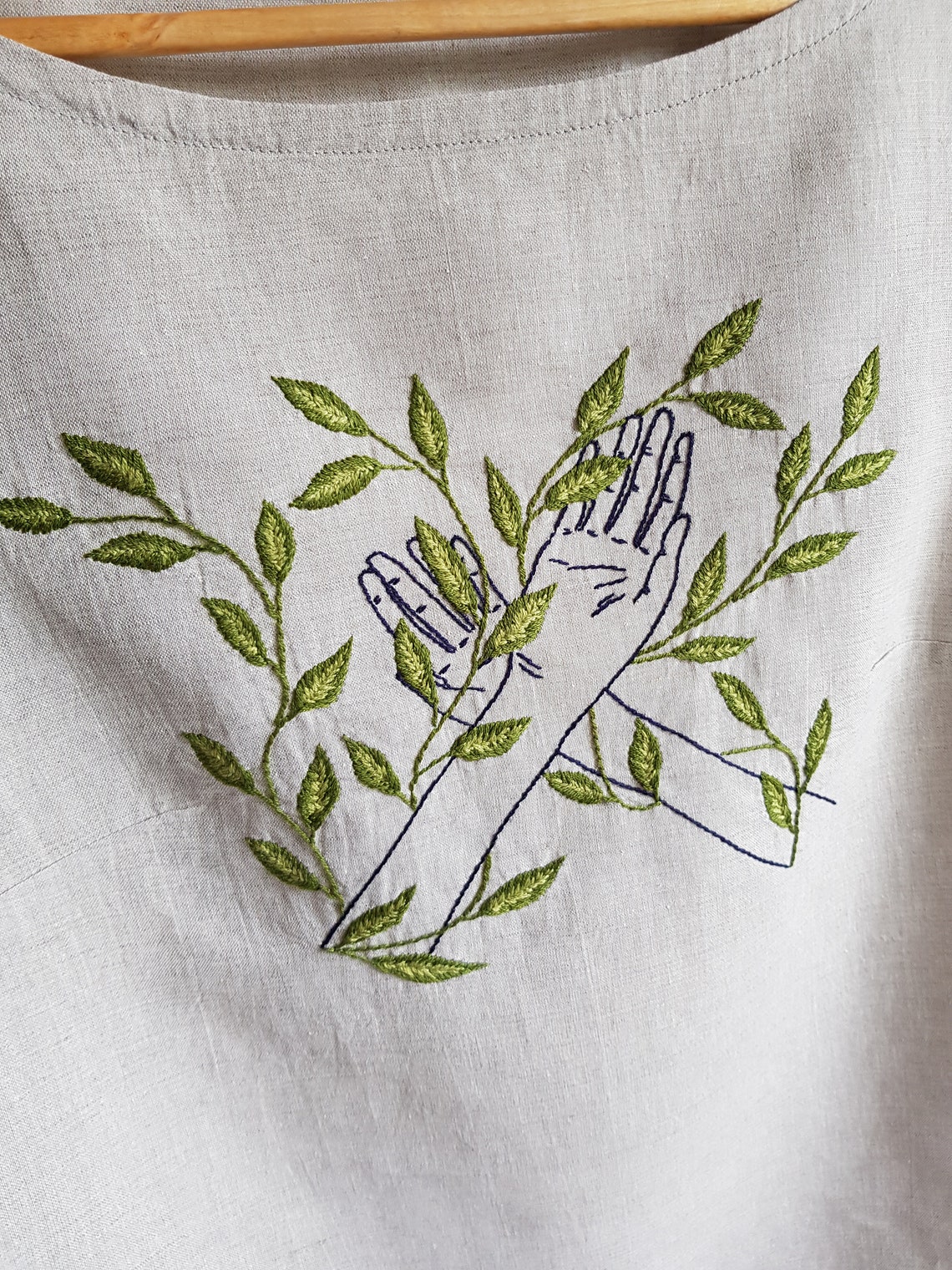 Hand Embroidered Top, Hands and Leaves, Linen Gray Top, Linen T Shirt ...