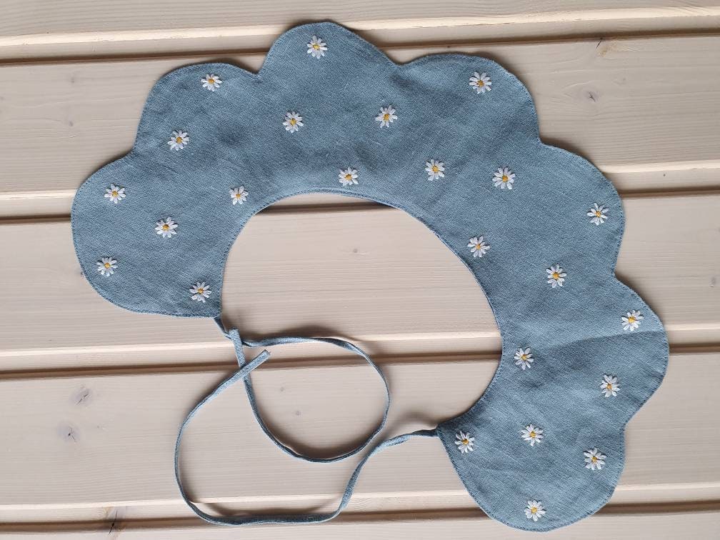 Hand Embroidered Daisy Collar, Detachable Linen Peter Pan Floral Collar ...