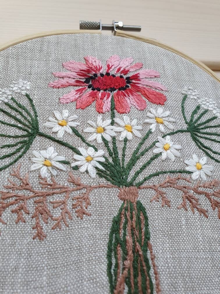 Pink Daisy Flower Embroidery Hoop, Embroidered Bouquet, Botanical Wall ...