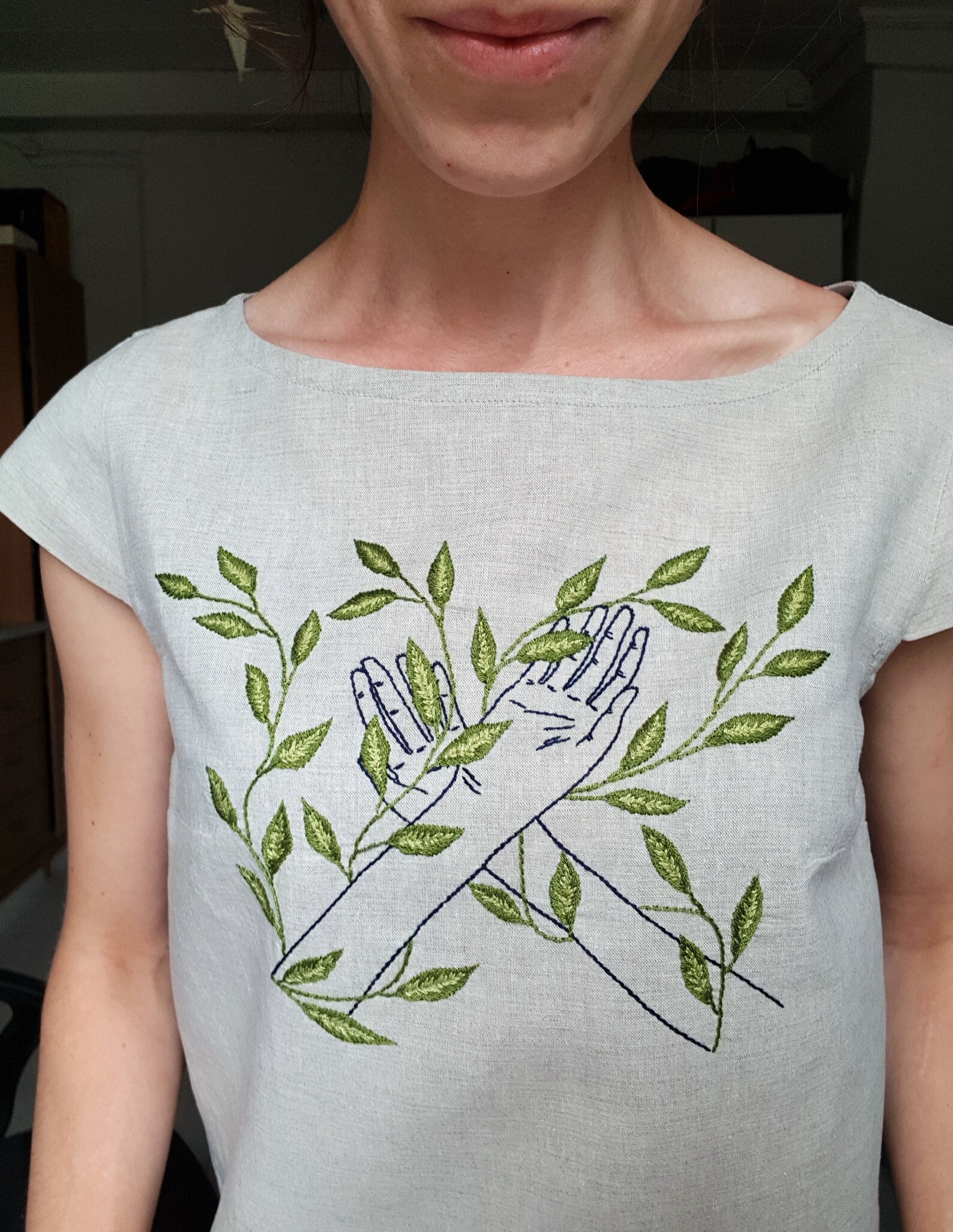 Hand Embroidered Top, Hands and Leaves, Linen Gray Top, Linen T Shirt ...