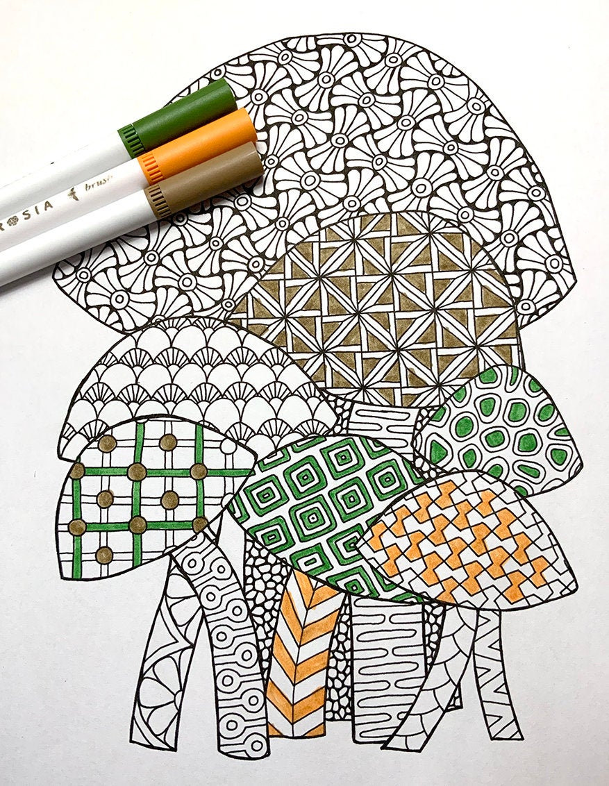 Zen Mushrooms Coloring Page | Hand-drawn Coloring Page Print & Color ...