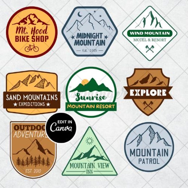 Mountain Patch Logo Bundle – 9 Editable Outdoorsy Logos for Canva ...