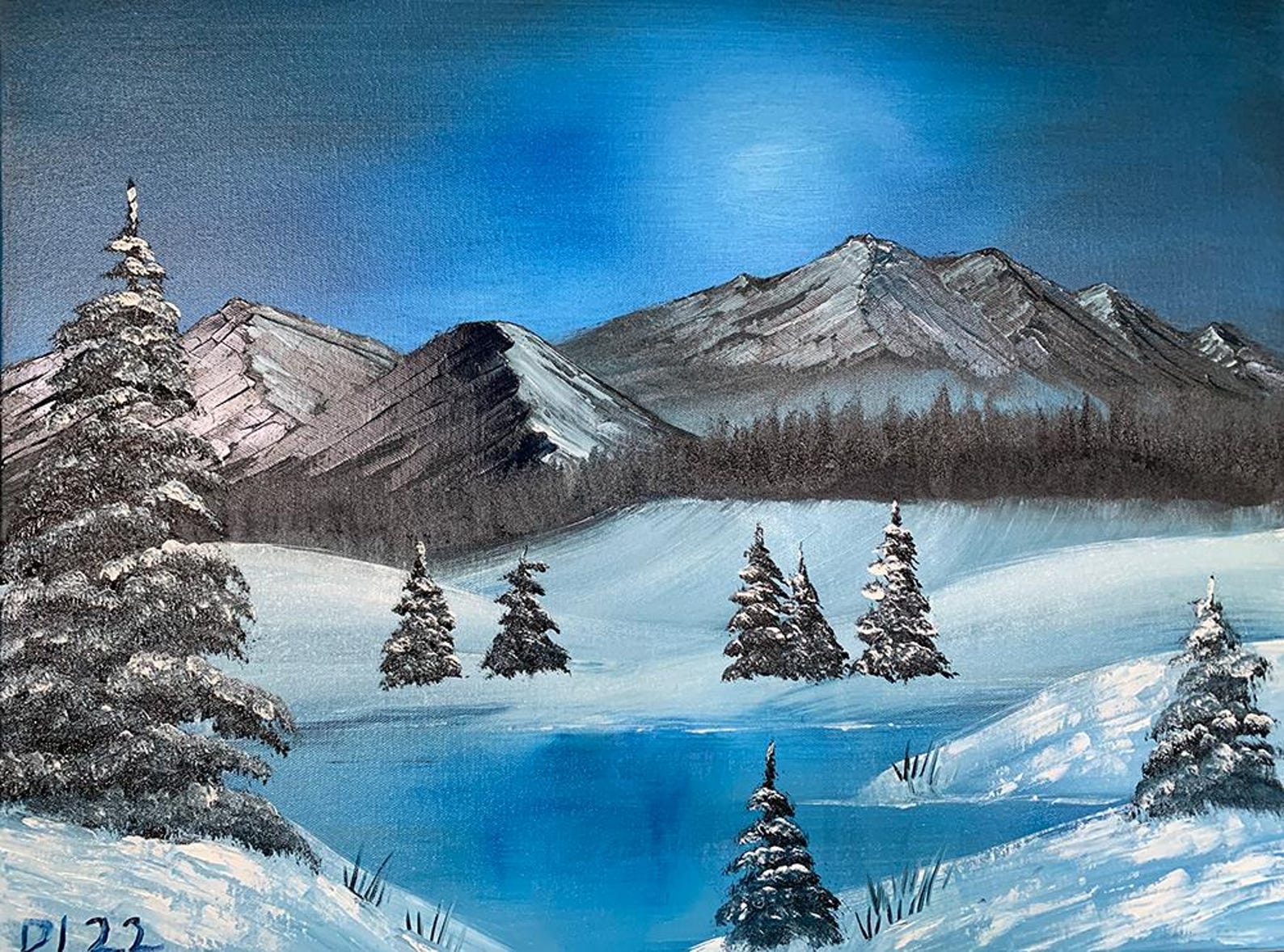 Frozen Pond at Night Original Oil Painting, Bob Ross Inspired Artwork ...