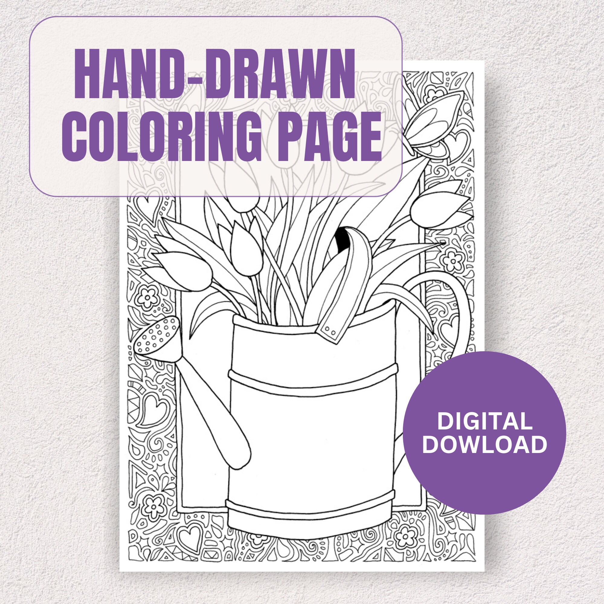 Watering Can Coloring Page | Hand-drawn Coloring Page Print & Color ...
