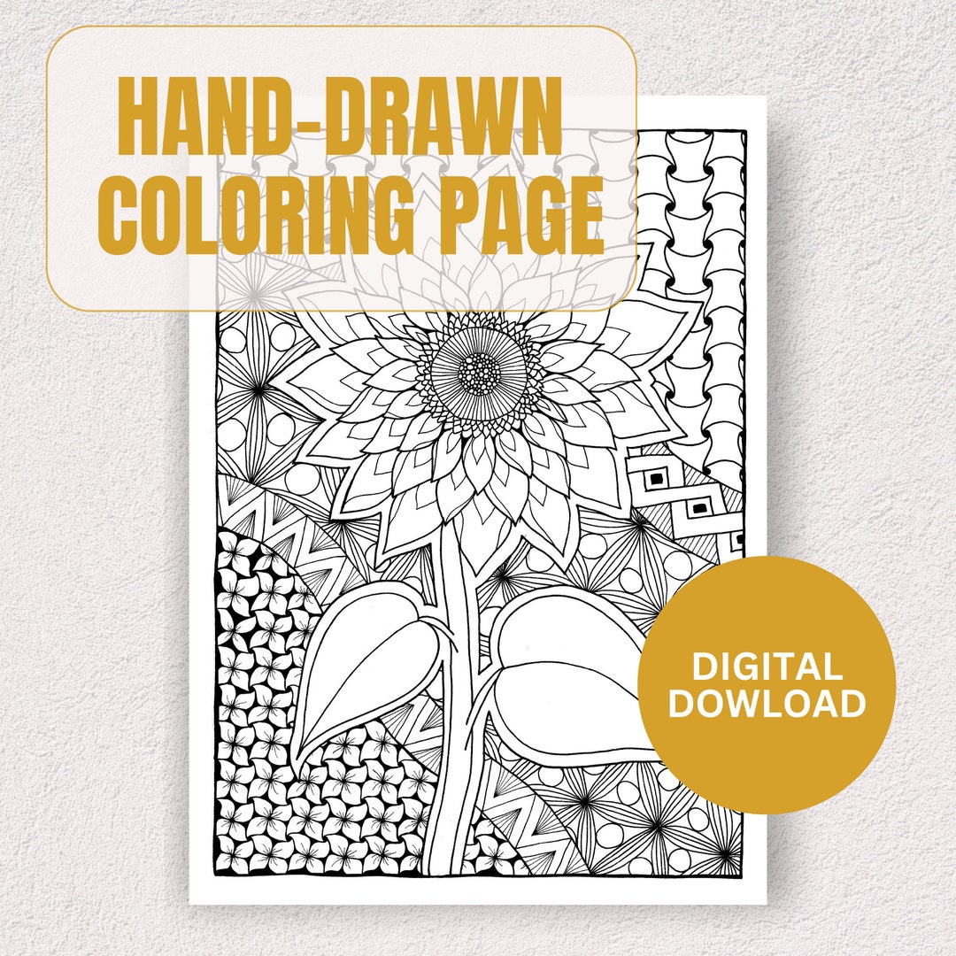 Zentangle Sunflower Coloring Page | Hand-drawn Coloring Page Print ...