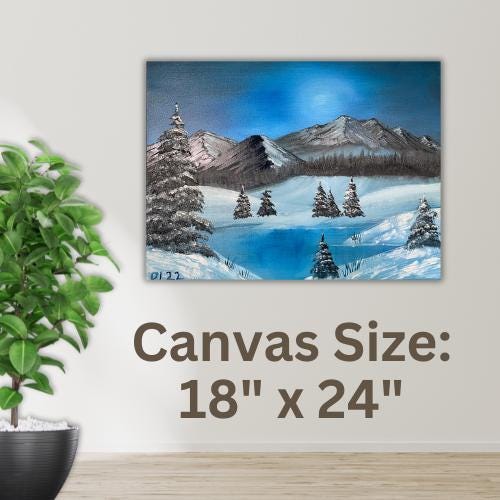 Frozen Pond at Night Original Oil Painting, Bob Ross Inspired Artwork ...