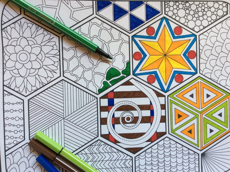 Hexagon Doodle Coloring Page - Etsy
