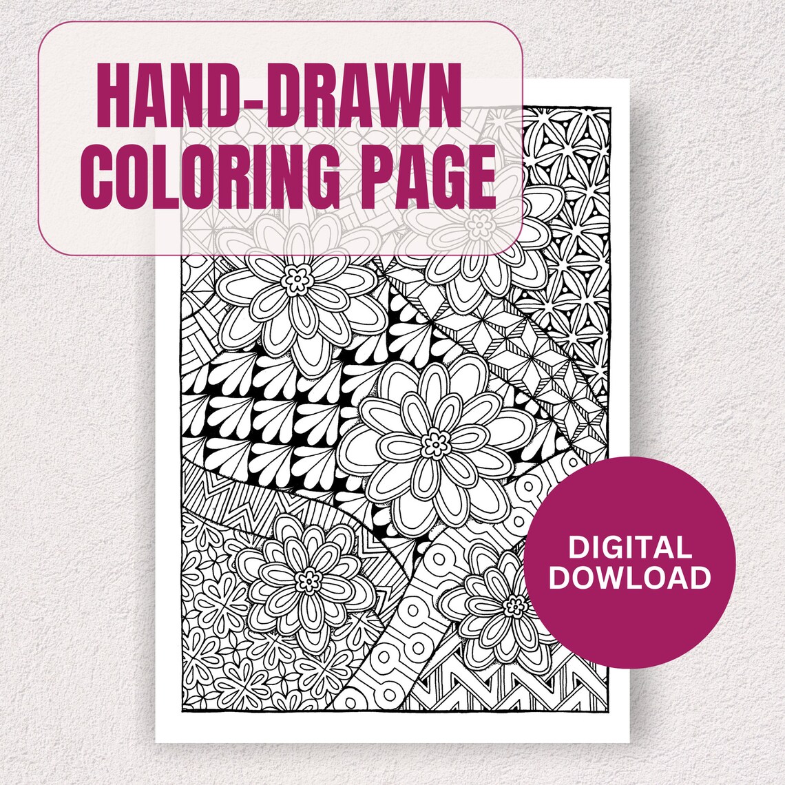 Floral Zentangle Coloring Page | Hand-drawn Coloring Page Print & Color ...