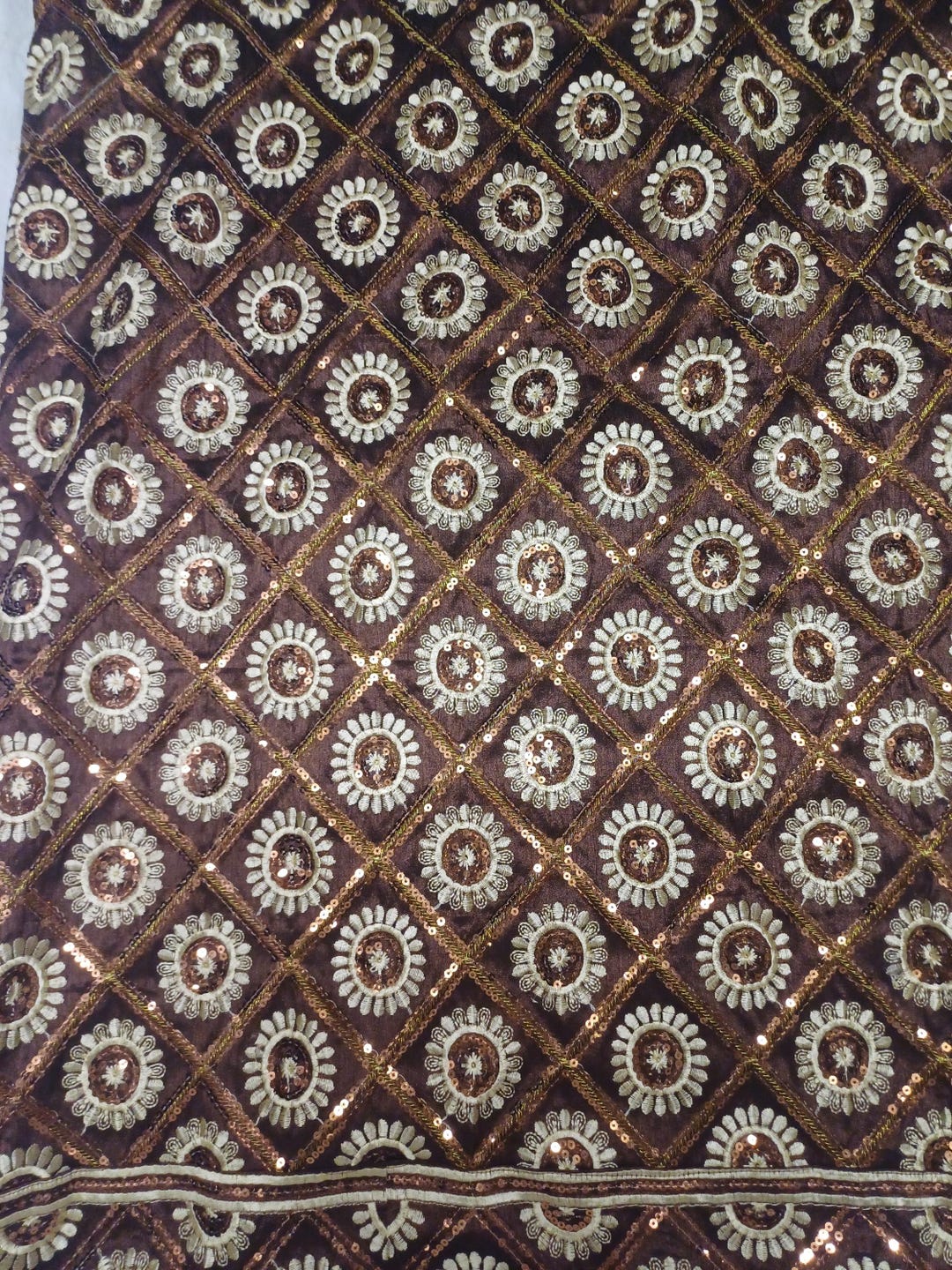 Vintage 2000s Sunning Silk Embroidery Sequins Brown George Fabrics 2pcs ...