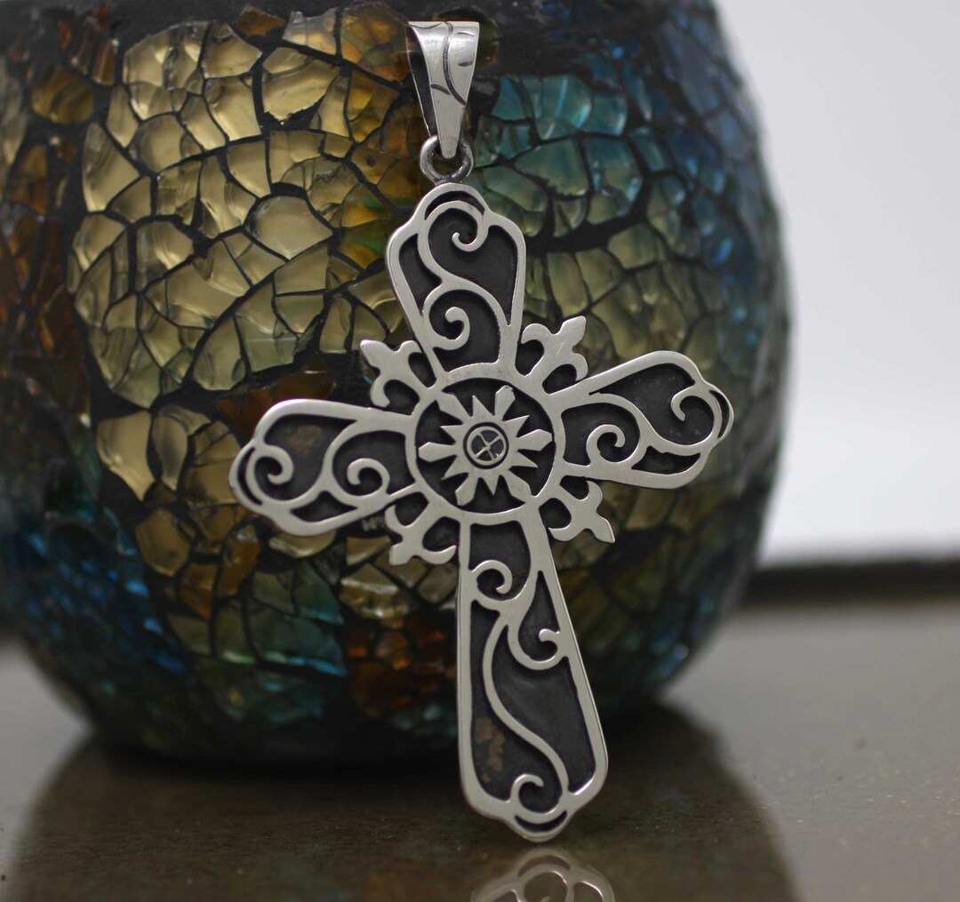 Silver Large Cross Necklace, Sterling Silver XL Cross Necklace, Sun ...