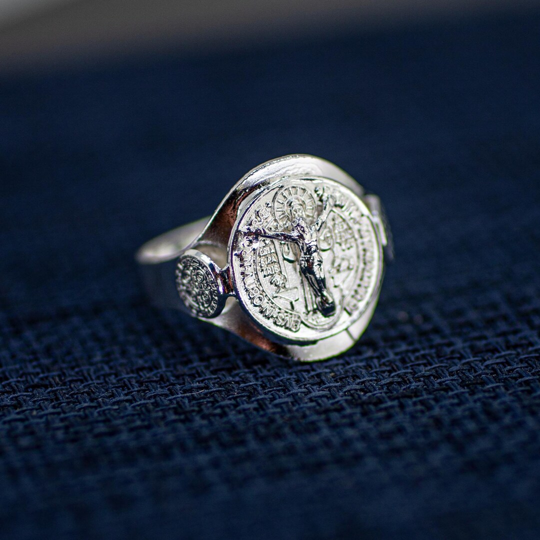 Saint Benedict With Christ Ring, Sterling Silver Saint Benedict Ring ...