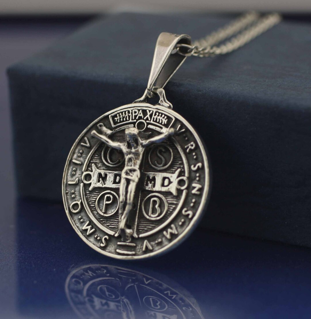 Saint Benedict Crucifix, St Benedict Solid Medal Necklace, Sterling ...