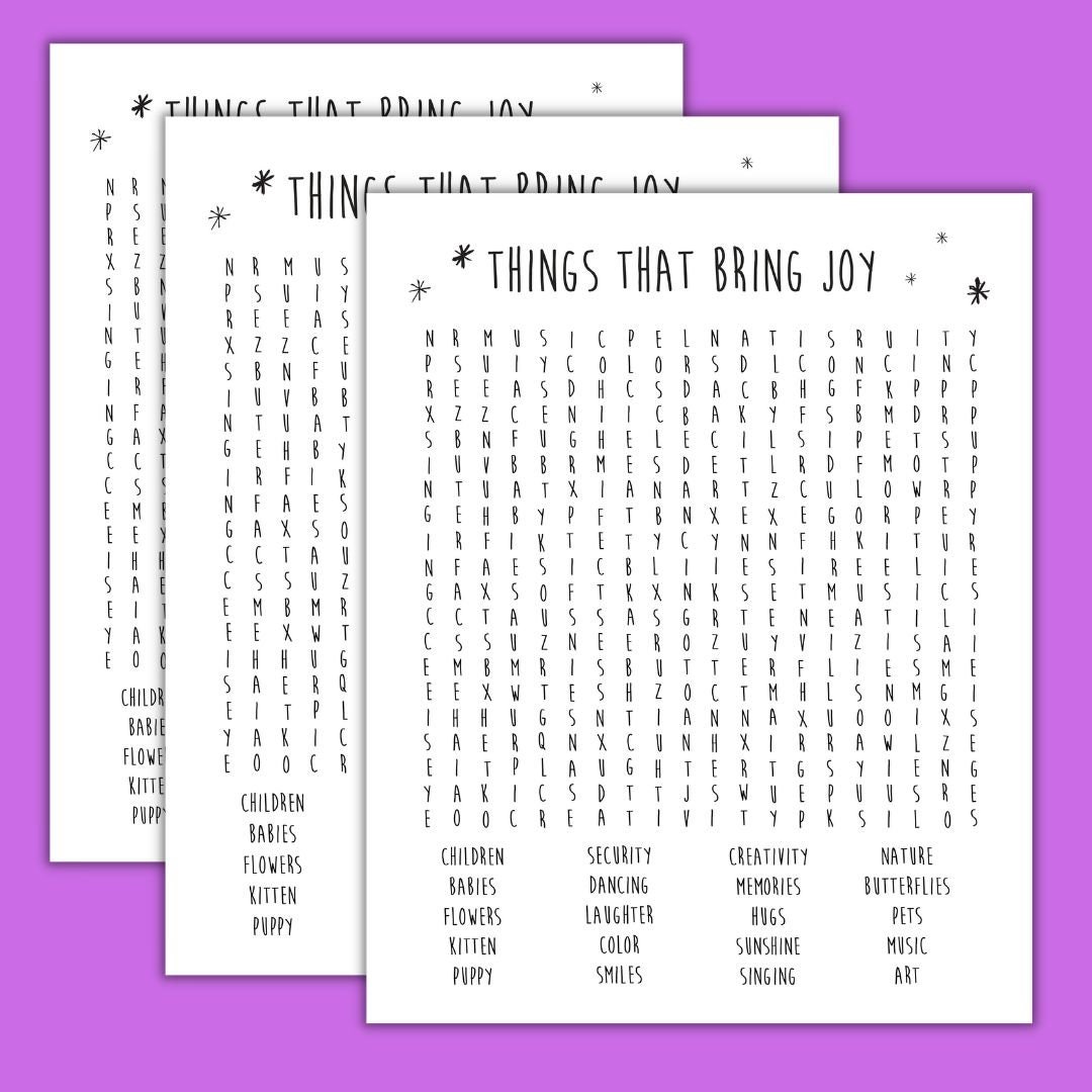 Things That Bring Joy Word Search | Kids Activity Page | Joy Activity ...