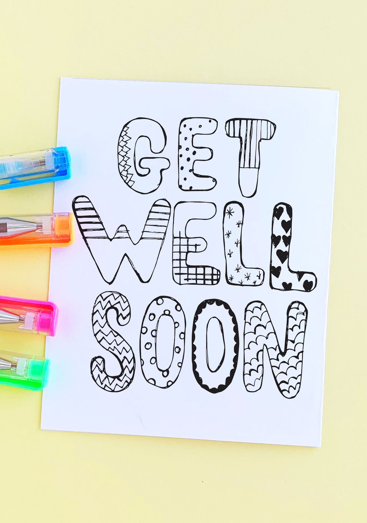 Printable Greeting Card "get Well Soon", Kids Coloring Page, Line Art ...