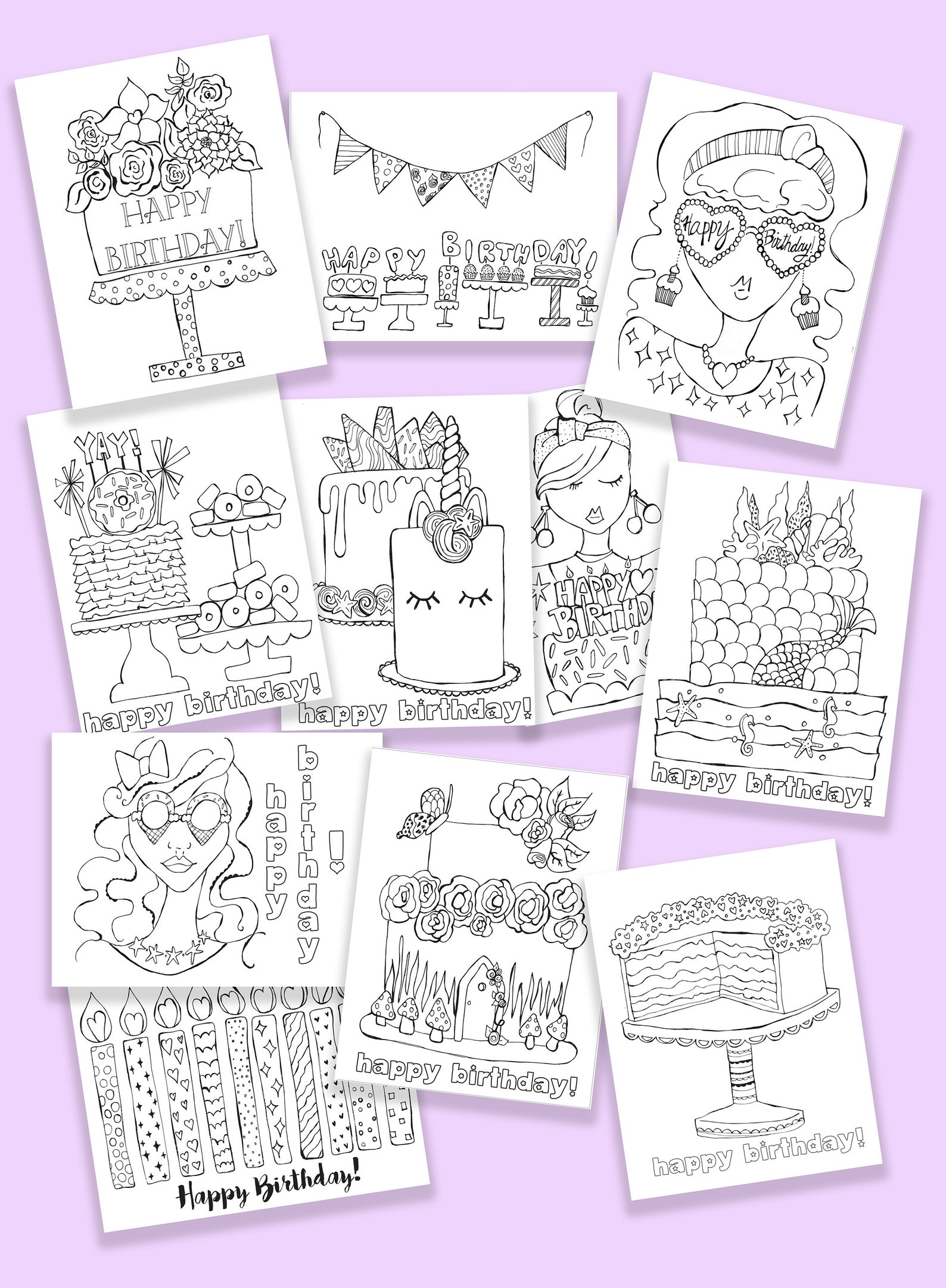 Birthday Card Bundle, Coloring Cards, Happy Birthday, Coloring Crafts ...