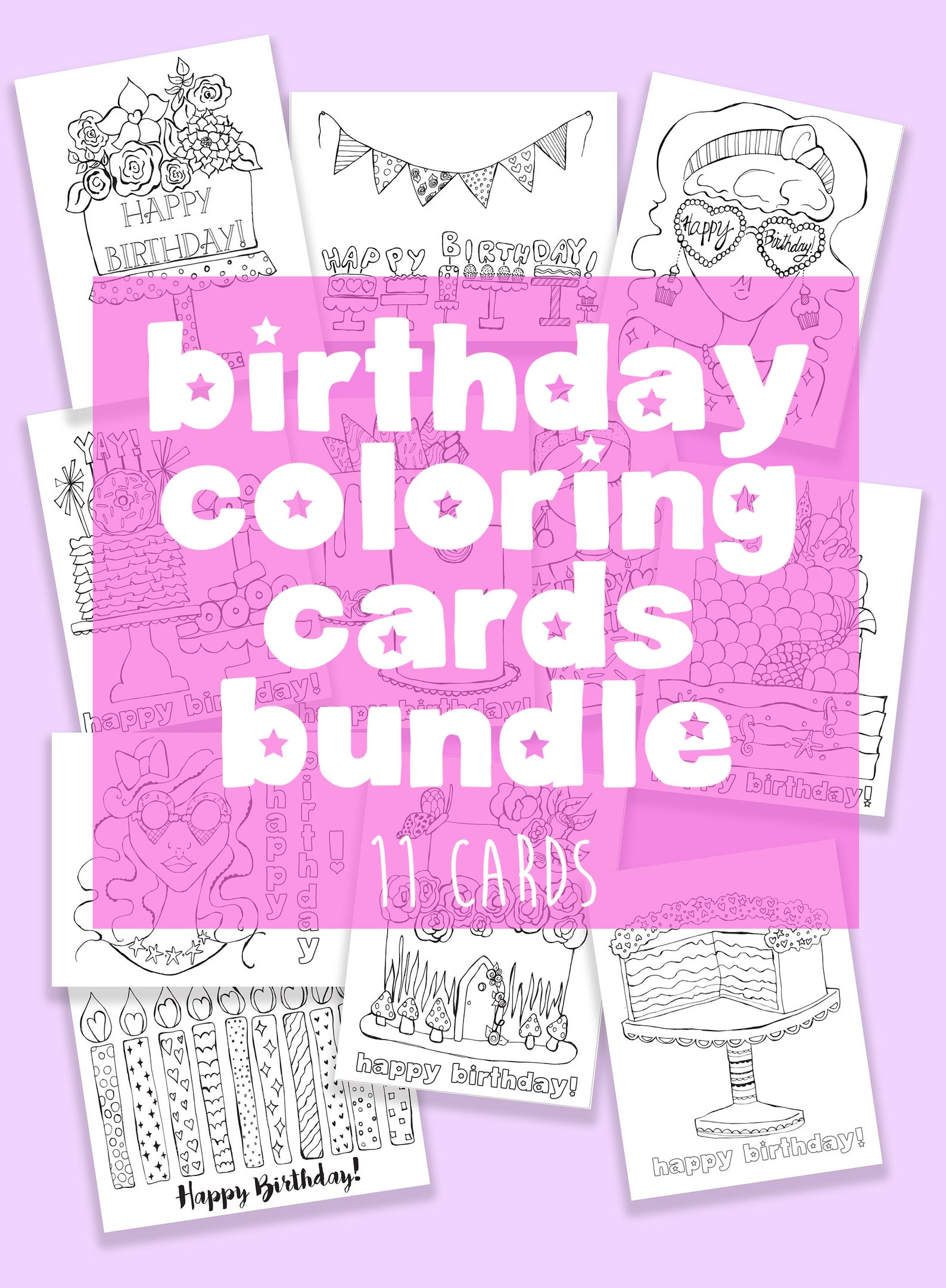 Birthday Card Bundle, Coloring Cards, Happy Birthday, Coloring Crafts ...