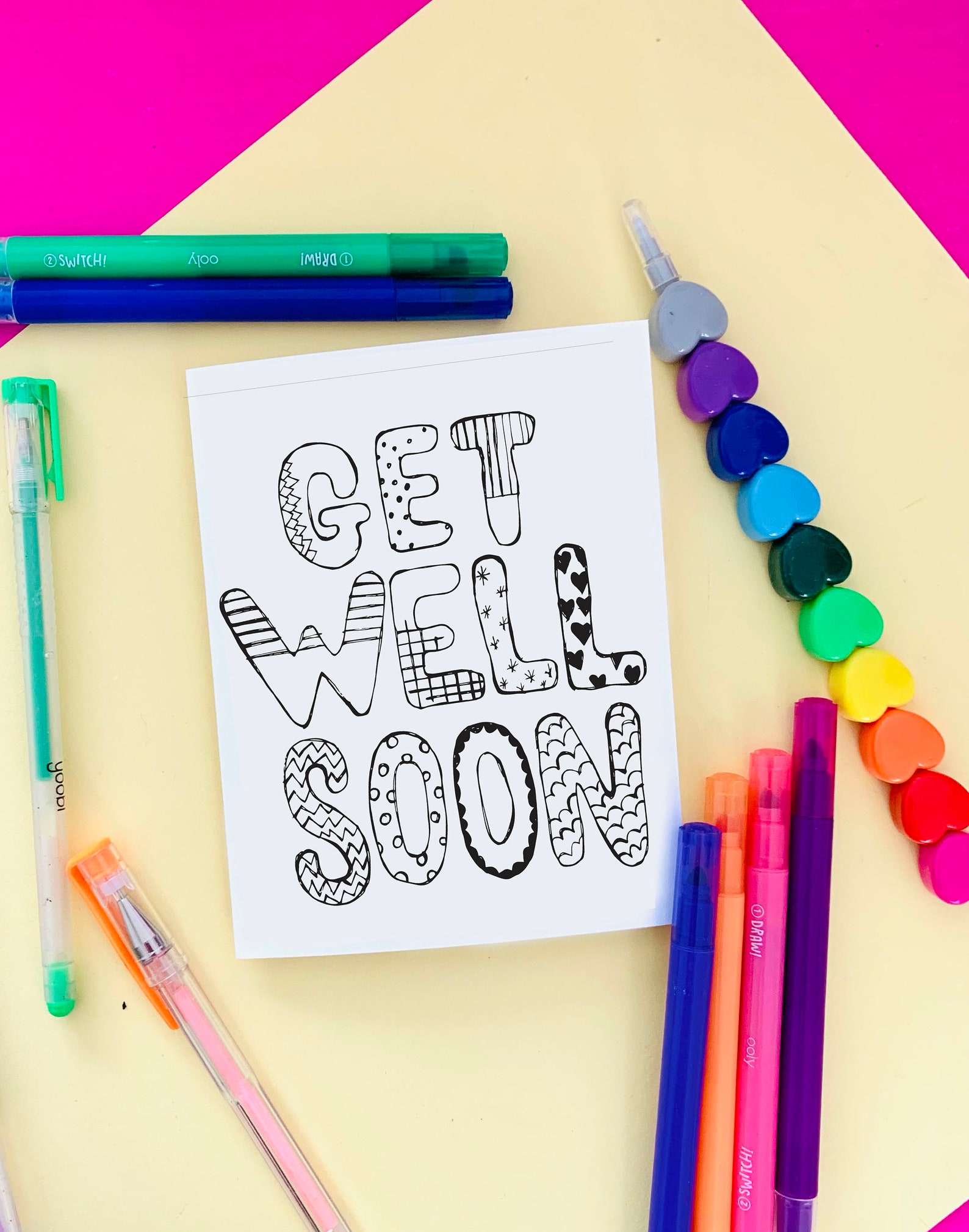 Printable Greeting Card "get Well Soon", Kids Coloring Page, Line Art ...