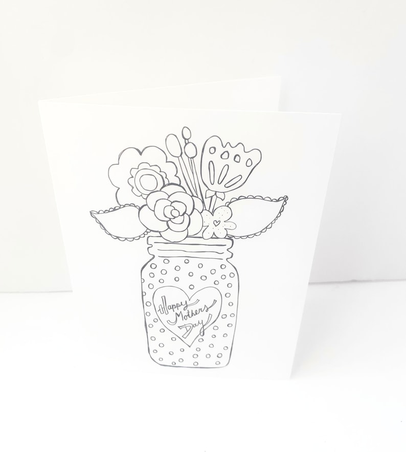 Mother's Day Coloring Card "mason Jar Flowers", Kids Coloring Card ...