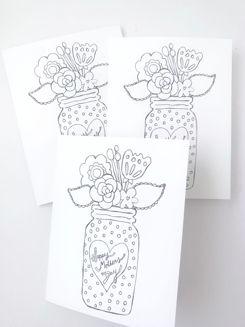 Mother's Day Coloring Card "mason Jar Flowers", Kids Coloring Card ...
