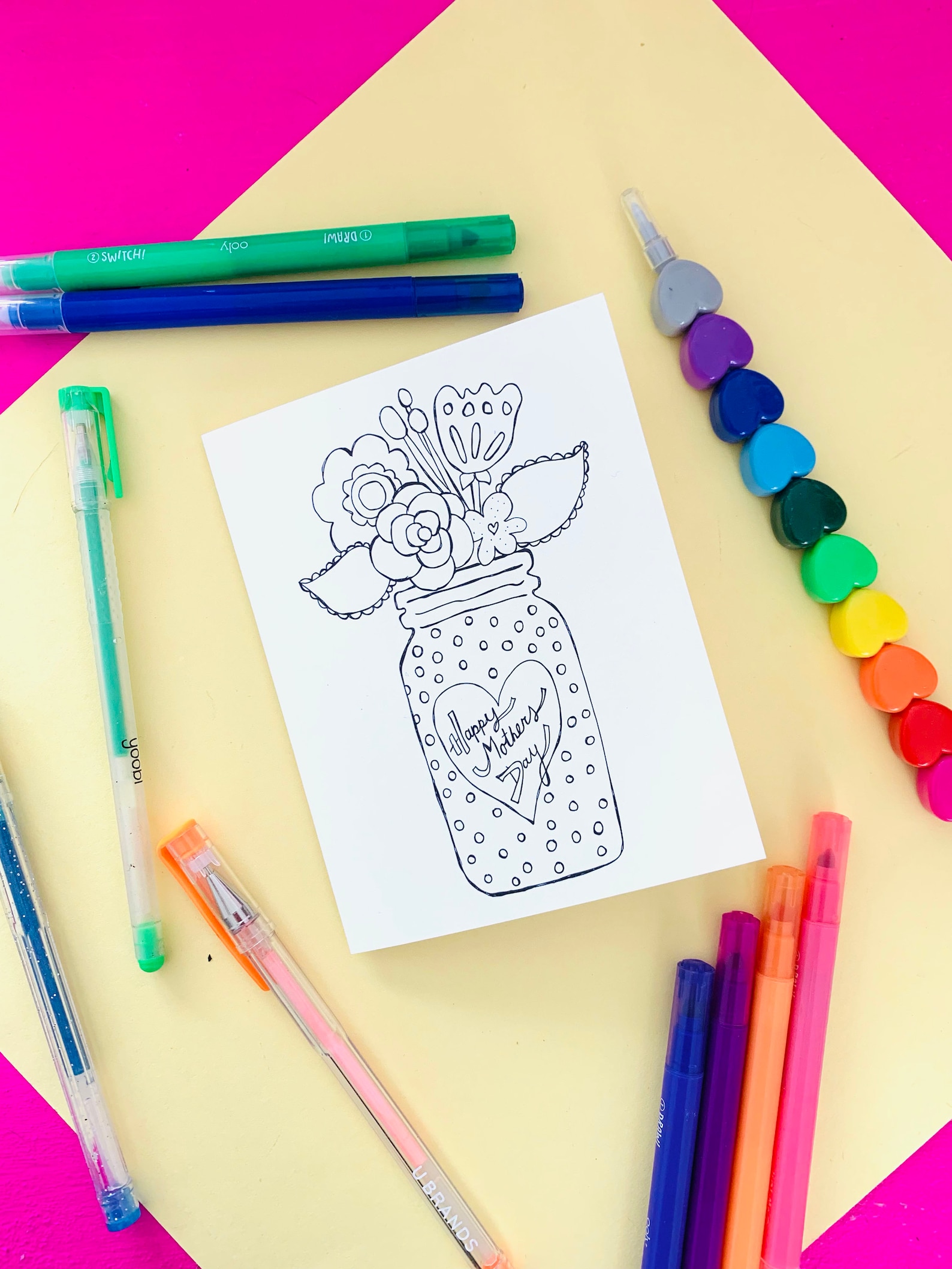 Mother's Day Coloring Card "mason Jar Flowers", Kids Coloring Card ...