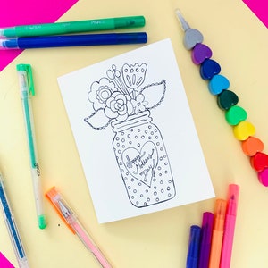 Mother's Day Coloring Card "mason Jar Flowers", Kids Coloring Card ...