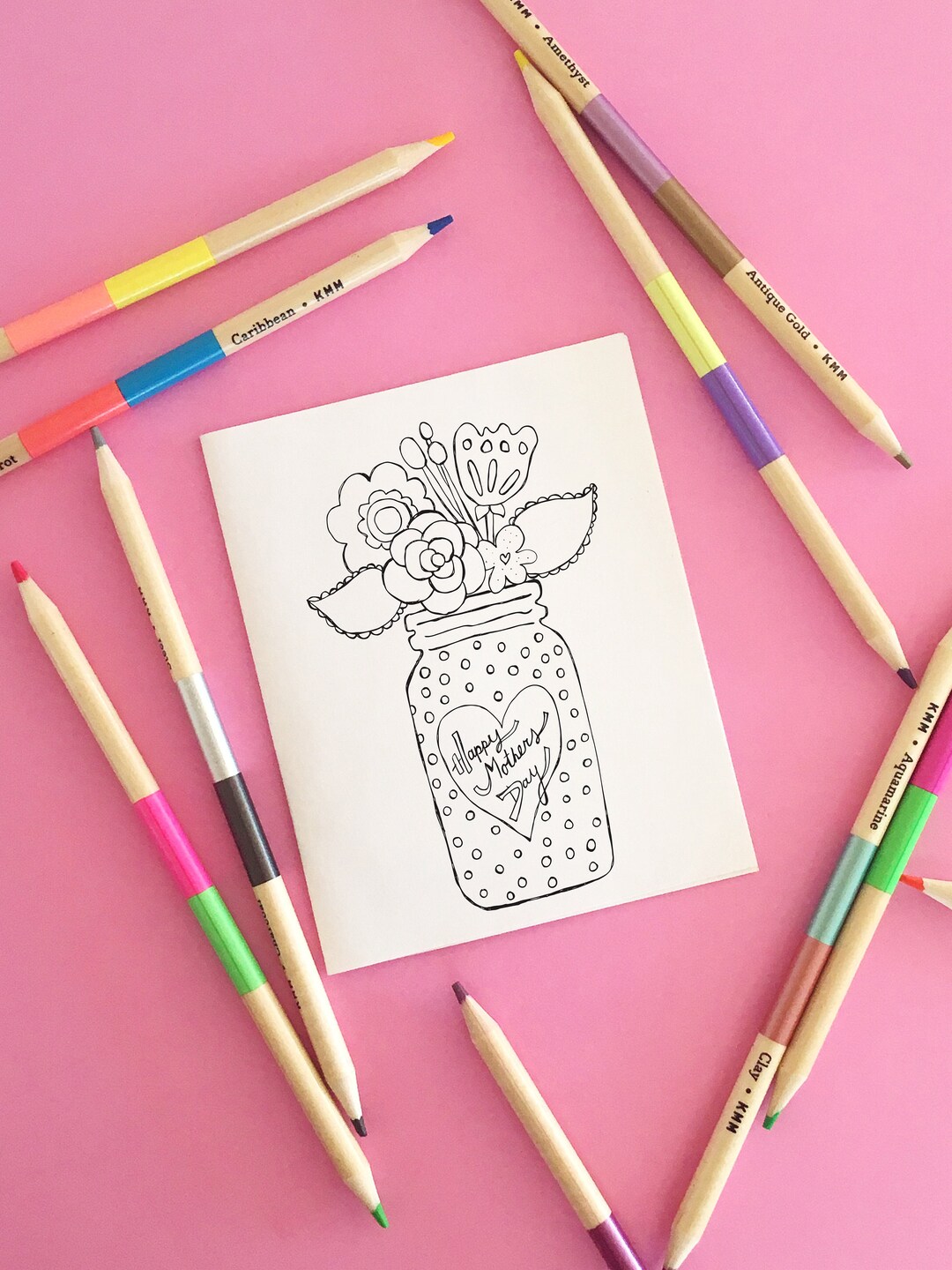 Mother's Day Coloring Card "mason Jar Flowers", Kids Coloring Card ...