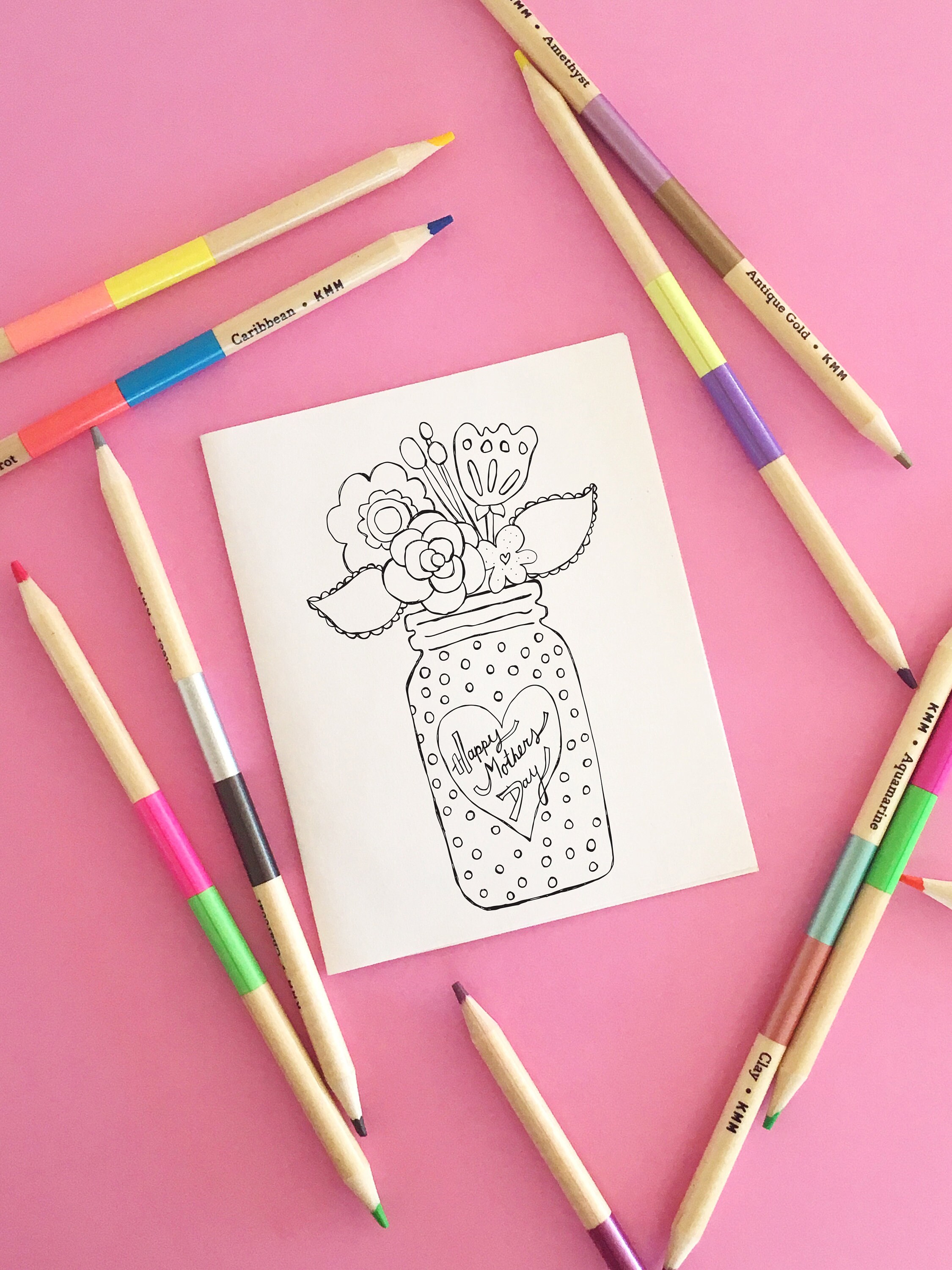 Mother's Day Coloring Card "mason Jar Flowers", Kids Coloring Card ...