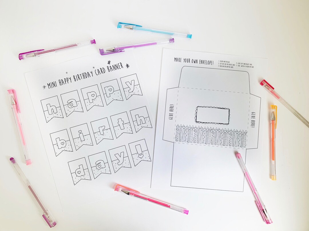 Printable Happy Birthday Banner Card, Kids Coloring Page, Line Art ...