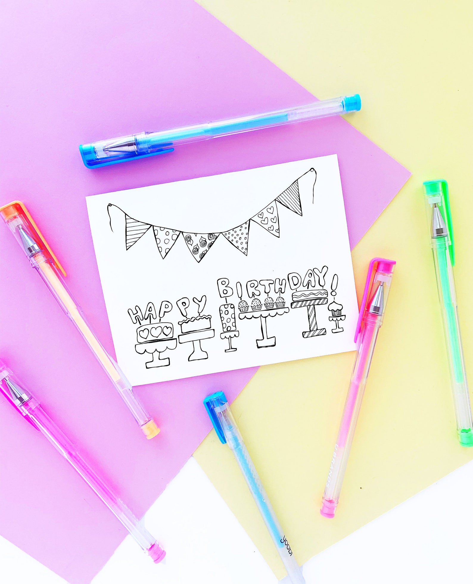 Printable Happy Birthday Coloring Card, Kids Coloring Page, Line Art ...