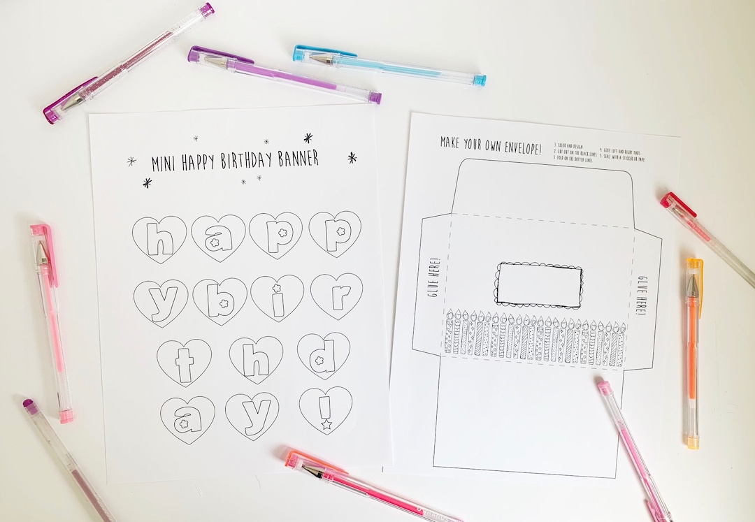 Printable Happy Birthday Banner Card, Kids Coloring Page, Line Art ...