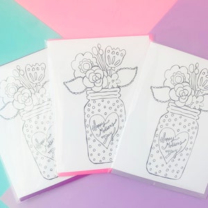 Mother's Day Coloring Card "mason Jar Flowers", Kids Coloring Card ...