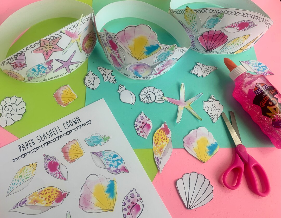 Paper Seashell Crown Craft, Mermaid Birthday Party Craft, Kids Coloring ...