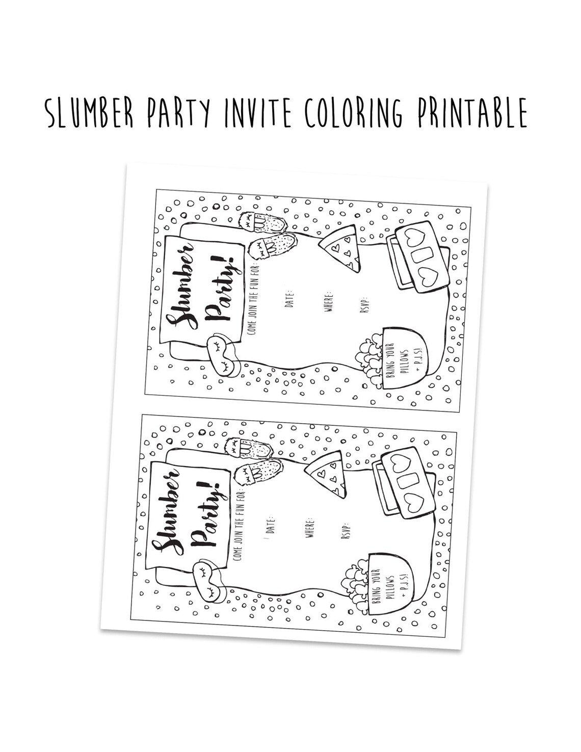 Printable Coloring Slumber Party Invitations, Girls Birthday Party ...