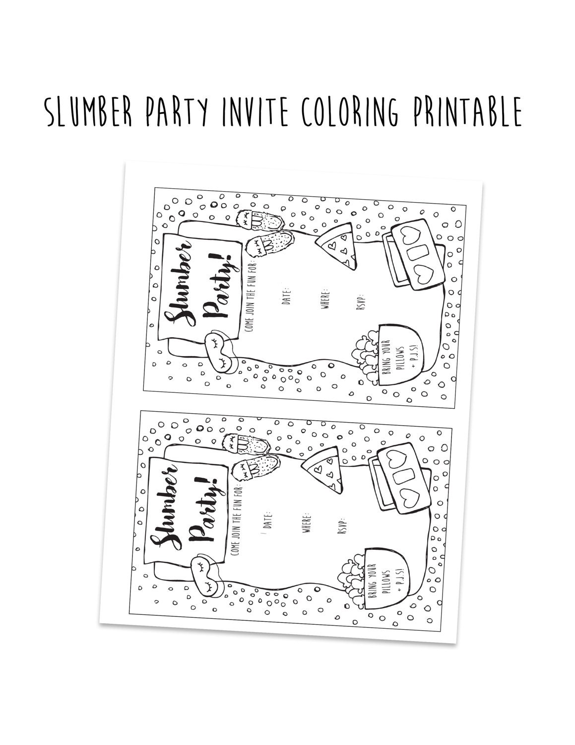 Printable Coloring Slumber Party Invitations, Girls Birthday Party ...