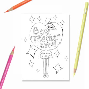 Printable Kids Card "best Teacher Ever", Girls Coloring Page, Line Art ...