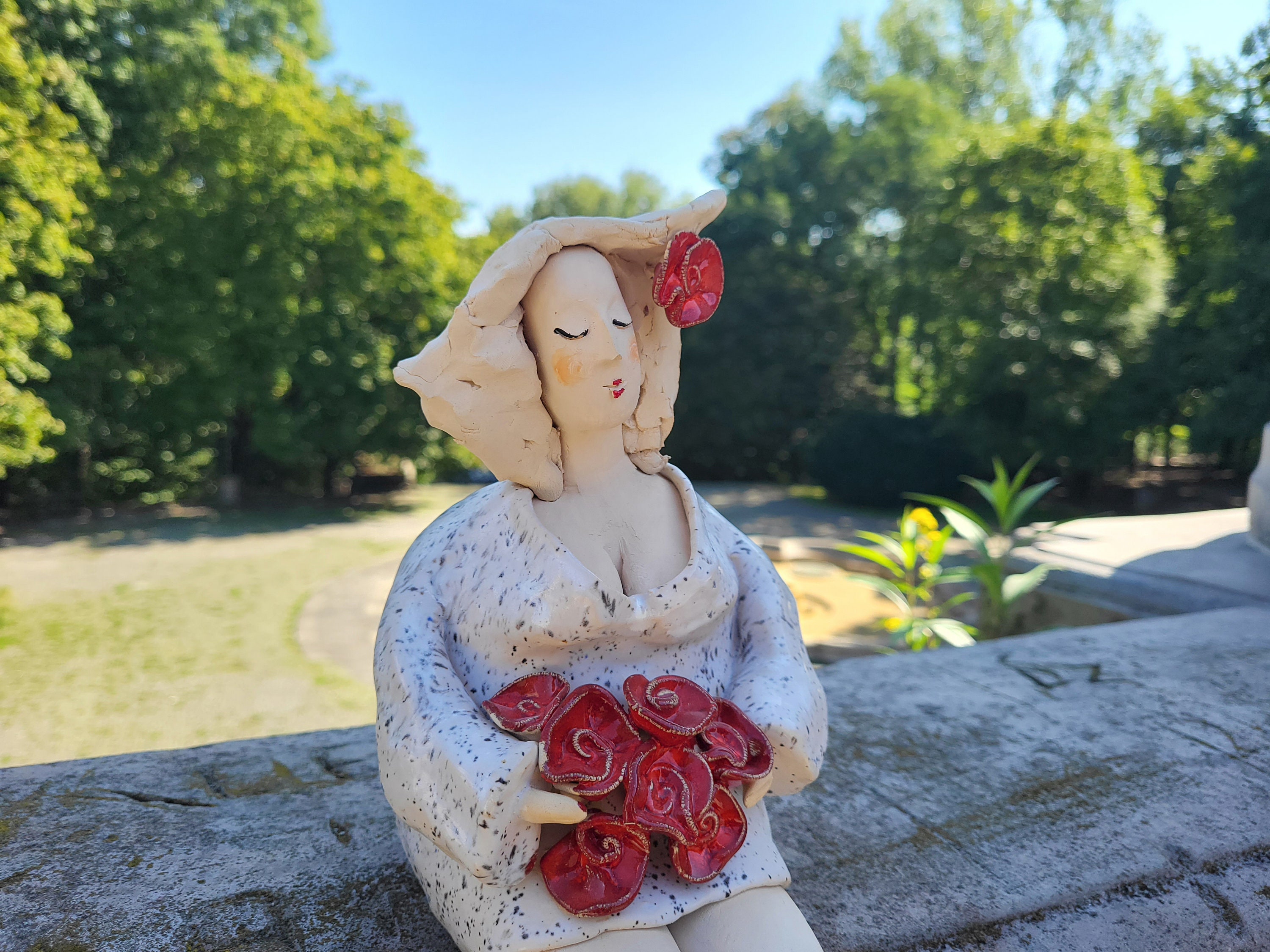 Ceramic Sculpture Woman, Sitting Girl With Red Flowers, Ceramic ...
