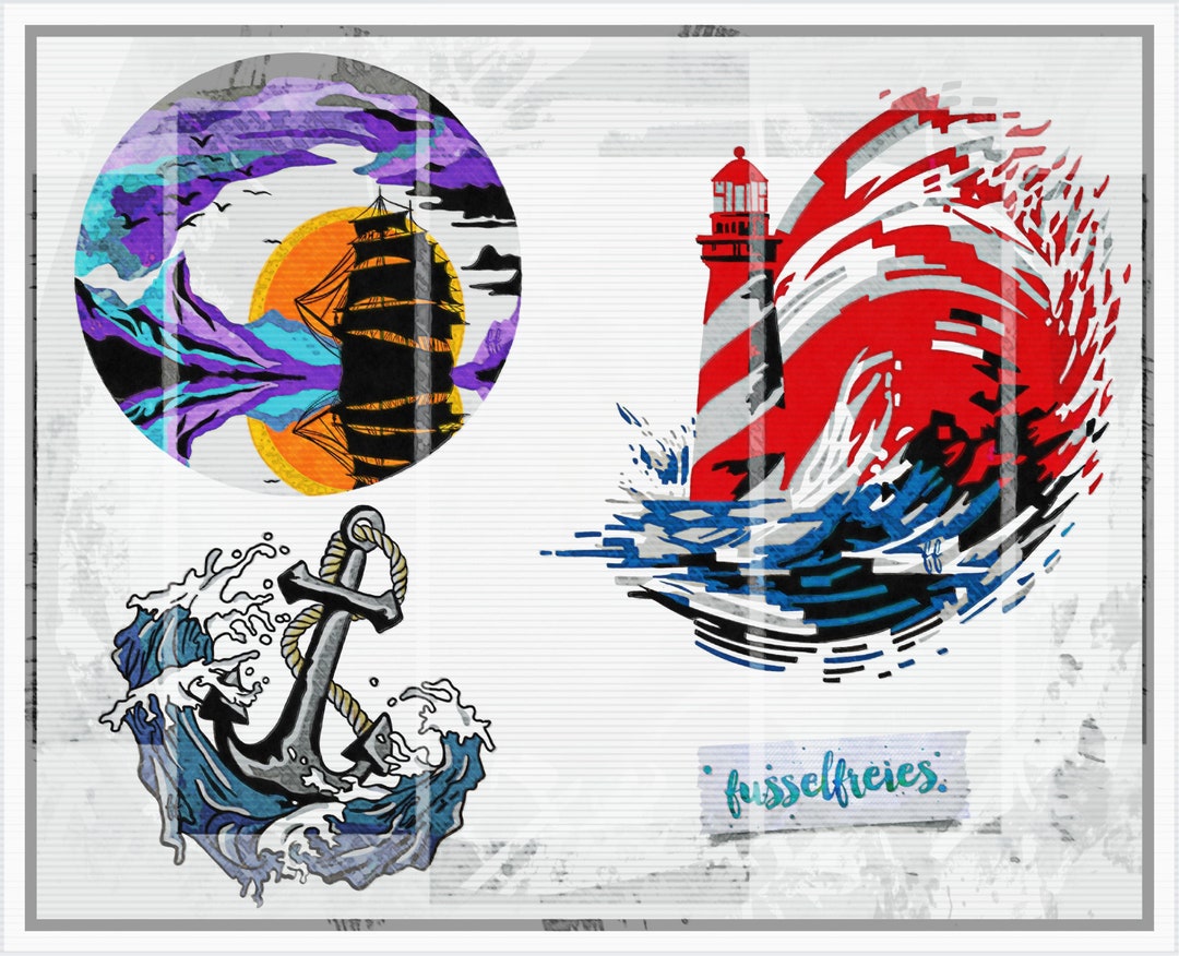 DXF SVG Cut File Maritim Vol9 - Anchor, Waves, Sailing Ship, Sunset ...